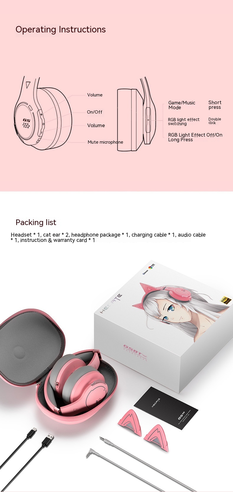 Headset HECATE G5BT Cat Bluetooth Cyber RGB Orelha de Gato – ROLKO tech